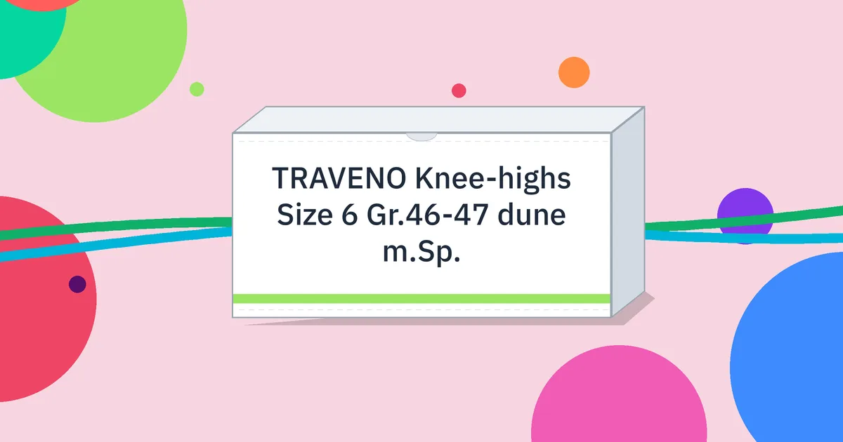 Symbolbild: Packung mit der Aufschrift TRAVENO Knee-highs Size 6 Gr.46-47 dune m.Sp. (PZN 17602996) – Verfügbarkeit und Bezug in Apotheken in Frankfurt am Main