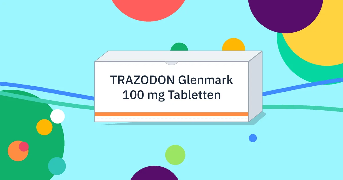 Symbolbild: Packung mit der Aufschrift TRAZODON Glenmark 100 mg Tabletten (PZN 14266026) – Verfügbarkeit und Bezug in Apotheken in Frankfurt am Main