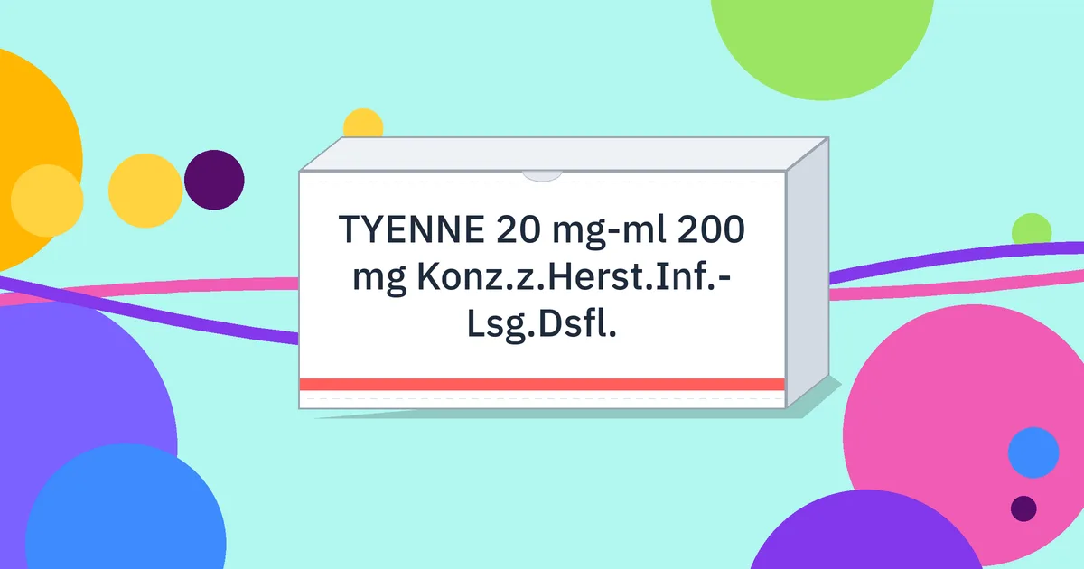 Symbolbild: Packung mit der Aufschrift TYENNE 20 mg-ml 200 mg Konz.z.Herst.Inf.-Lsg.Dsfl. (PZN 19918255) – Verfügbarkeit und Bezug in Apotheken in Frankfurt am Main