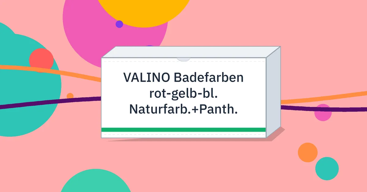 Symbolbild: Packung mit der Aufschrift VALINO Badefarben rot-gelb-bl. Naturfarb.+Panth. (PZN 07771841) – Verfügbarkeit und Bezug in Apotheken in Frankfurt am Main