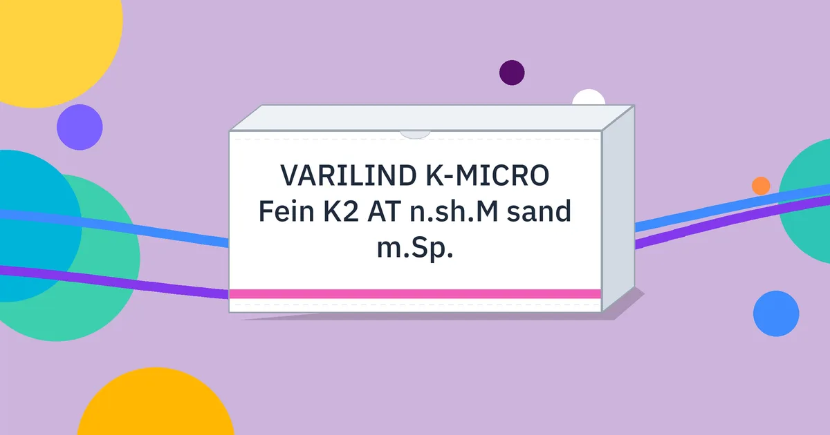 Symbolbild: Packung mit der Aufschrift VARILIND K-MICRO Fein K2 AT n.sh.M sand m.Sp. (PZN 20618156) – Verfügbarkeit und Bezug in Apotheken in Frankfurt am Main