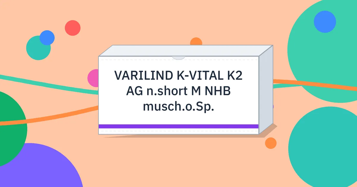 Symbolbild: Packung mit der Aufschrift VARILIND K-VITAL K2 AG n.short M NHB musch.o.Sp. (PZN 20565603) – Verfügbarkeit und Bezug in Apotheken in Frankfurt am Main