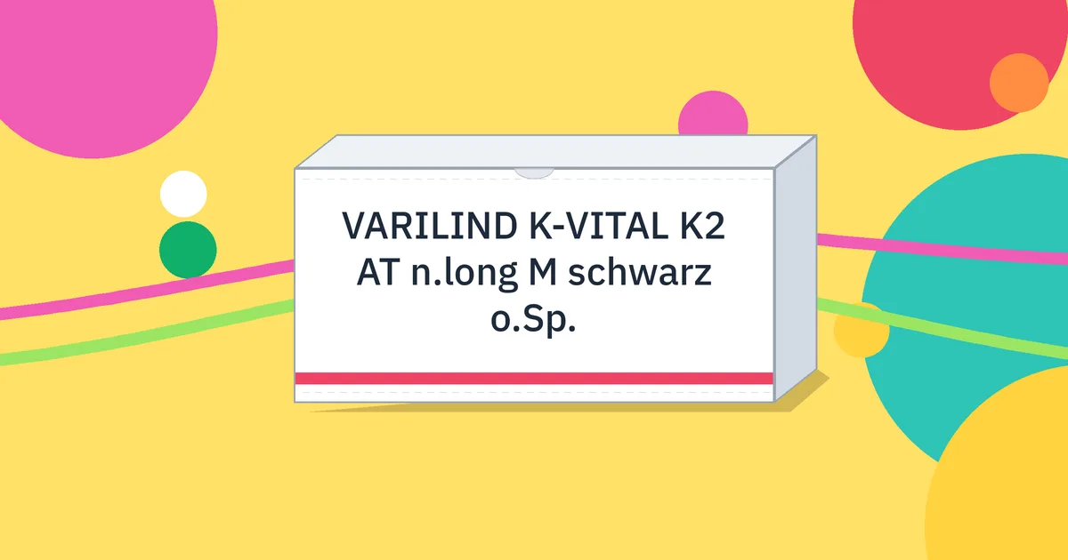 Symbolbild: Packung mit der Aufschrift VARILIND K-VITAL K2 AT n.long M schwarz o.Sp. (PZN 20562131) – Verfügbarkeit und Bezug in Apotheken in Frankfurt am Main