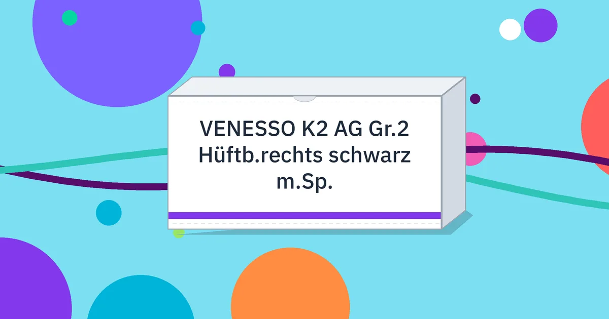 Symbolbild: Packung mit der Aufschrift VENESSO K2 AG Gr.2 Hüftb.rechts schwarz m.Sp. (PZN 03273477) – Verfügbarkeit und Bezug in Apotheken in Frankfurt am Main