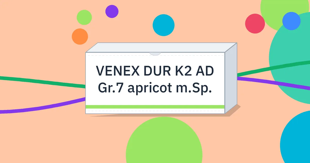 Symbolbild: Packung mit der Aufschrift VENEX DUR K2 AD Gr.7 apricot m.Sp. (PZN 03209172) – Verfügbarkeit und Bezug in Apotheken in Frankfurt am Main