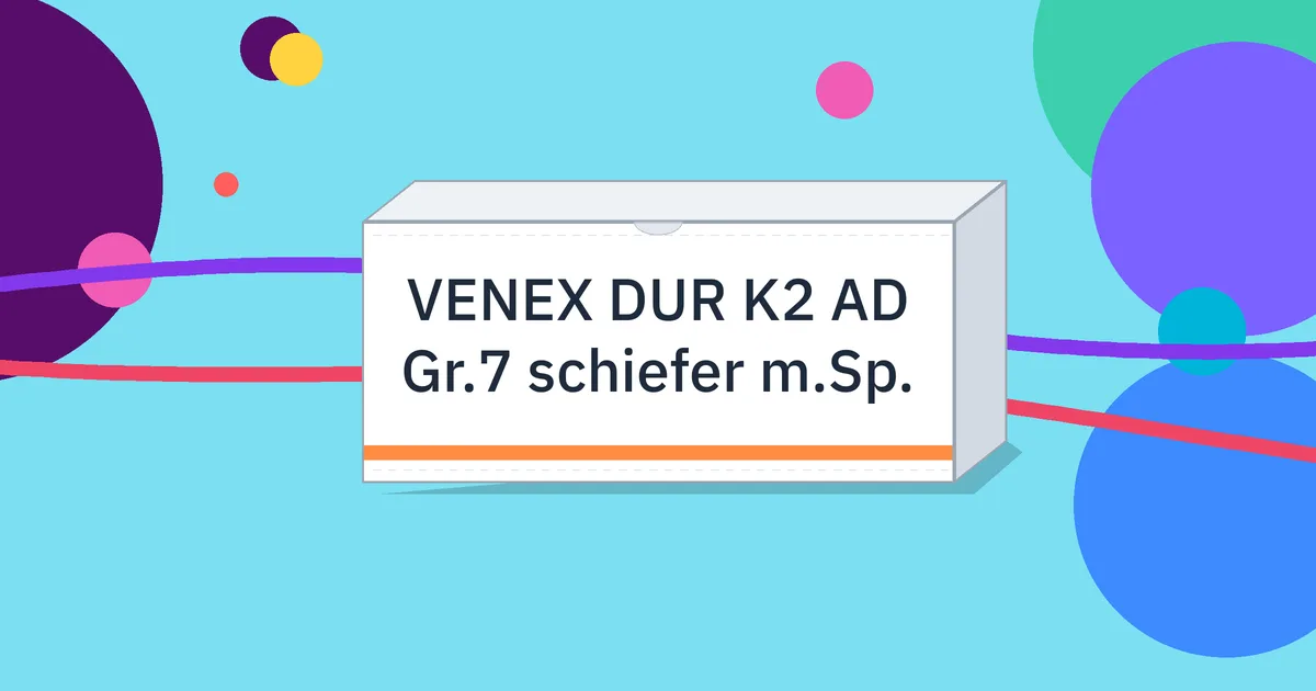 Symbolbild: Packung mit der Aufschrift VENEX DUR K2 AD Gr.7 schiefer m.Sp. (PZN 03210057) – Verfügbarkeit und Bezug in Apotheken in Frankfurt am Main