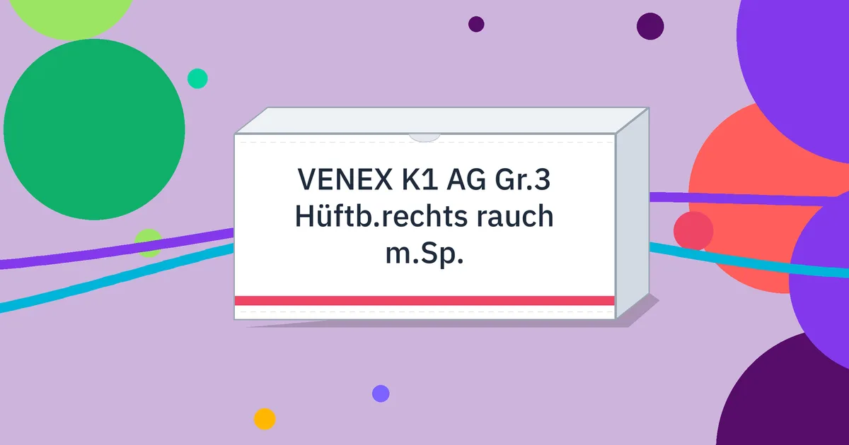 Symbolbild: Packung mit der Aufschrift VENEX K1 AG Gr.3 Hüftb.rechts rauch m.Sp. (PZN 03202164) – Verfügbarkeit und Bezug in Apotheken in Frankfurt am Main