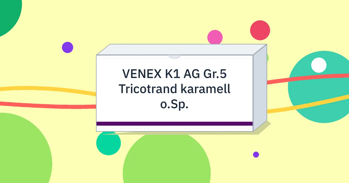Symbolbild: Packung mit der Aufschrift VENEX K1 AG Gr.5 Tricotrand karamell o.Sp. (PZN 13762757) – Verfügbarkeit und Bezug in Apotheken in Frankfurt am Main