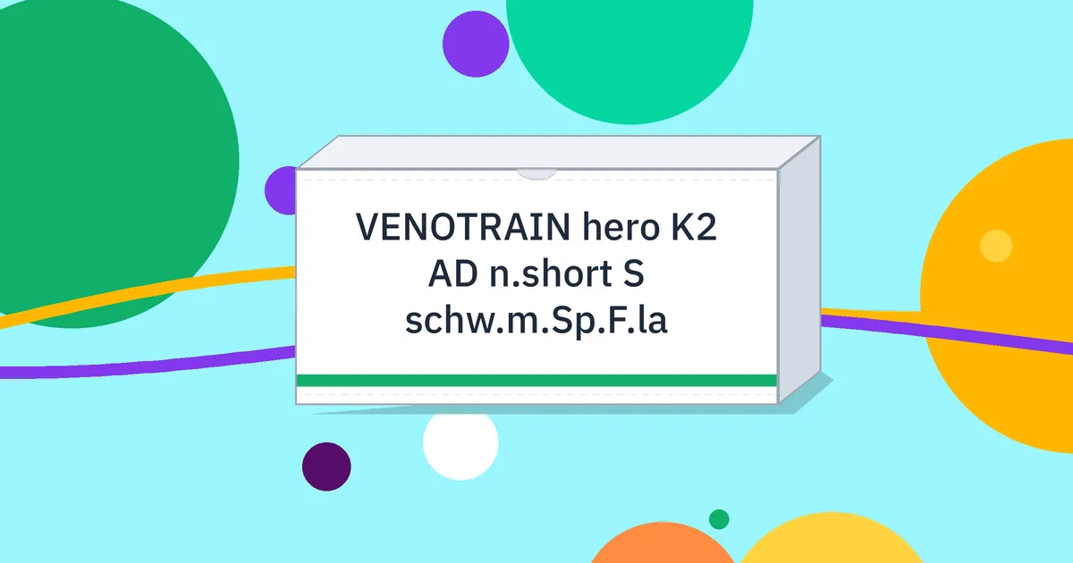 Symbolbild: Packung mit der Aufschrift VENOTRAIN hero K2 AD n.short S schw.m.Sp.F.la (PZN 19189856) – Verfügbarkeit und Bezug in Apotheken in Frankfurt am Main