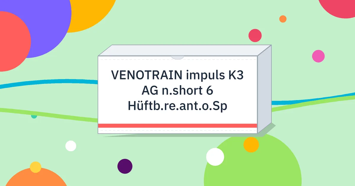 Symbolbild: Packung mit der Aufschrift VENOTRAIN impuls K3 AG n.short 6 Hüftb.re.ant.o.Sp (PZN 15218489) – Verfügbarkeit und Bezug in Apotheken in Frankfurt am Main