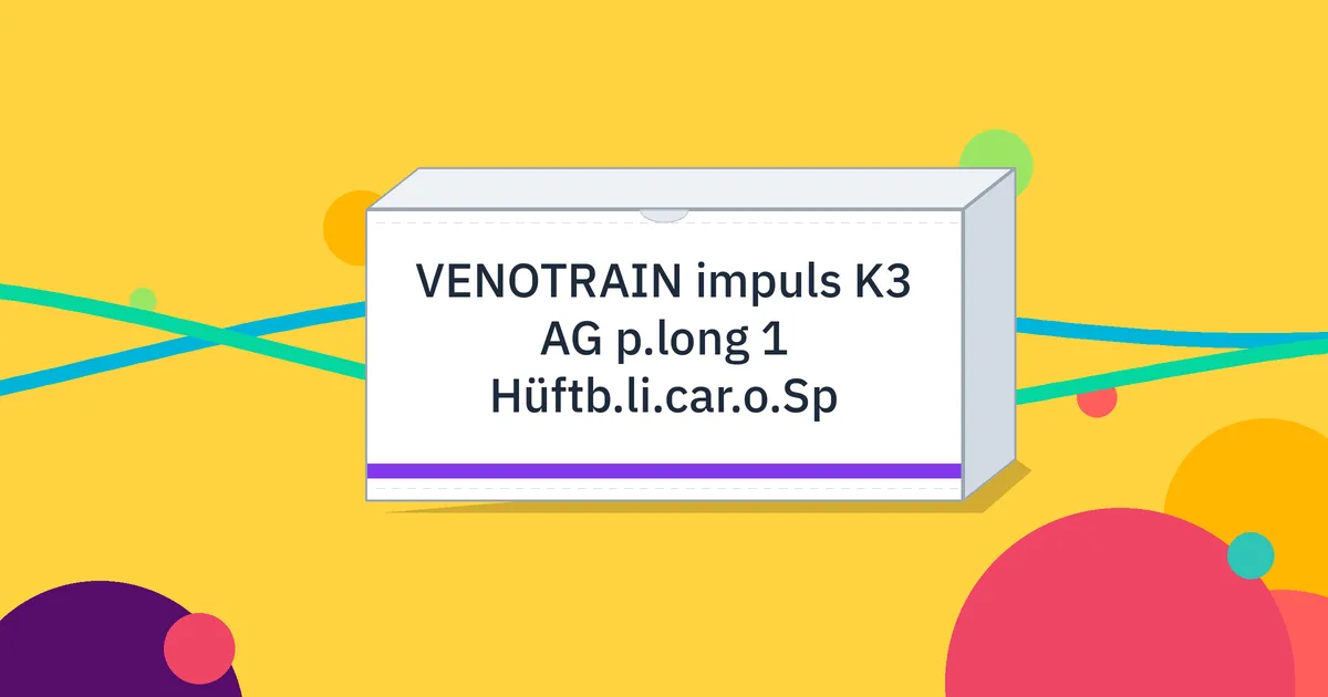 Symbolbild: Packung mit der Aufschrift VENOTRAIN impuls K3 AG p.long 1 Hüftb.li.car.o.Sp (PZN 08425118) – Verfügbarkeit und Bezug in Apotheken in Frankfurt am Main