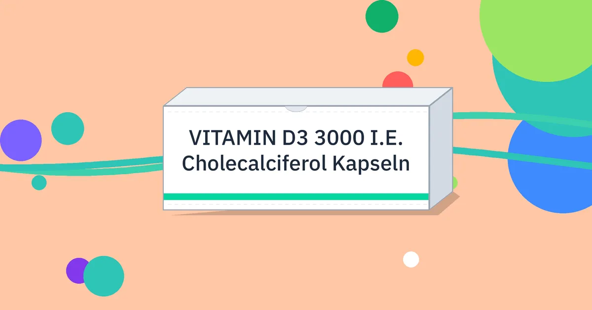 Symbolbild: Packung mit der Aufschrift VITAMIN D3 3000 I.E. Cholecalciferol Kapseln (PZN 17966037) – Verfügbarkeit und Bezug in Apotheken in Frankfurt am Main