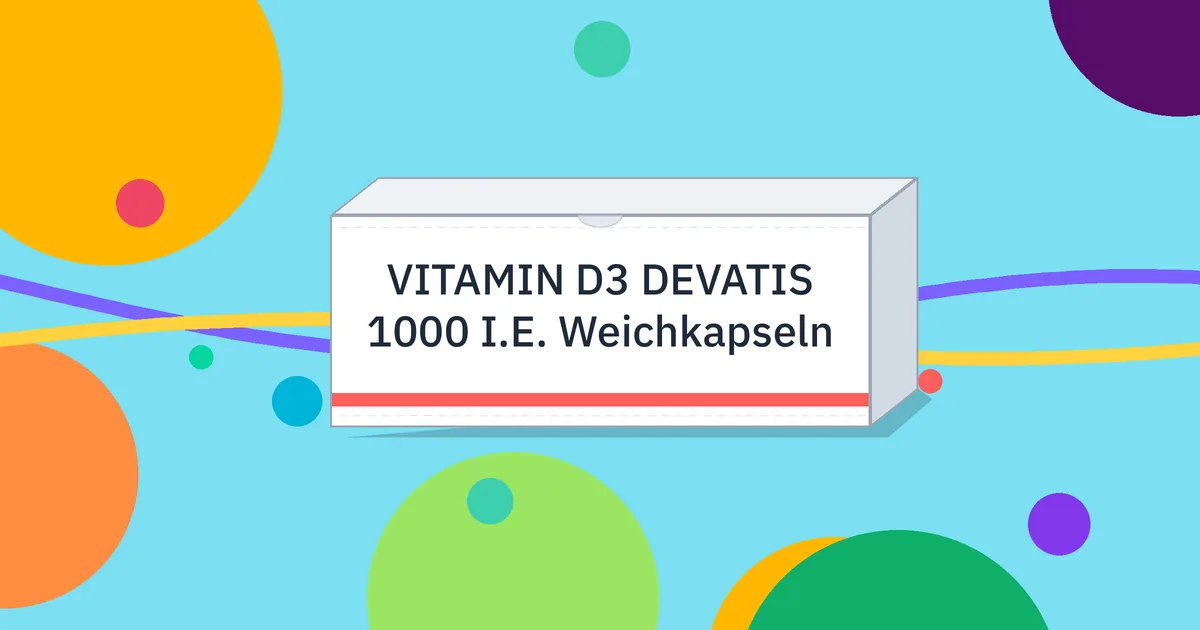 Symbolbild: Packung mit der Aufschrift VITAMIN D3 DEVATIS 1000 I.E. Weichkapseln (PZN 20348461) – Verfügbarkeit und Bezug in Apotheken in Frankfurt am Main