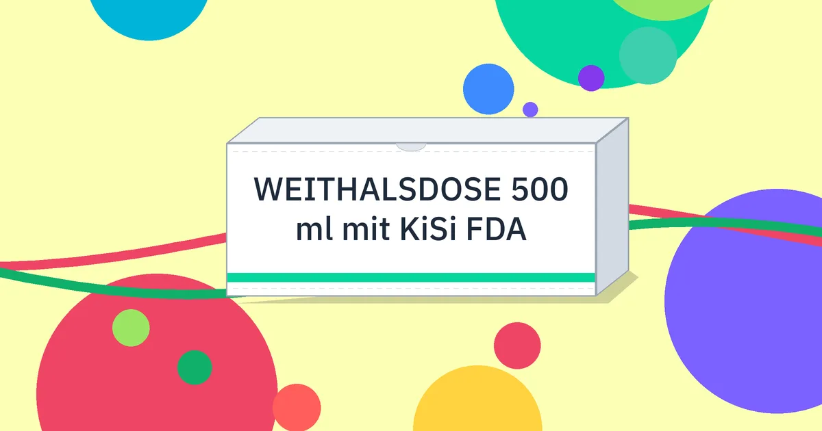 Symbolbild: Packung mit der Aufschrift WEITHALSDOSE 500 ml mit KiSi FDA (PZN 18364665) – Verfügbarkeit und Bezug in Apotheken in Frankfurt am Main