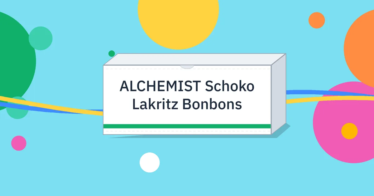 Symbolbild: Packung mit der Aufschrift ALCHEMIST Schoko Lakritz Bonbons (PZN 12518972) – Verfügbarkeit und Bezug in Apotheken in Frankfurt am Main
