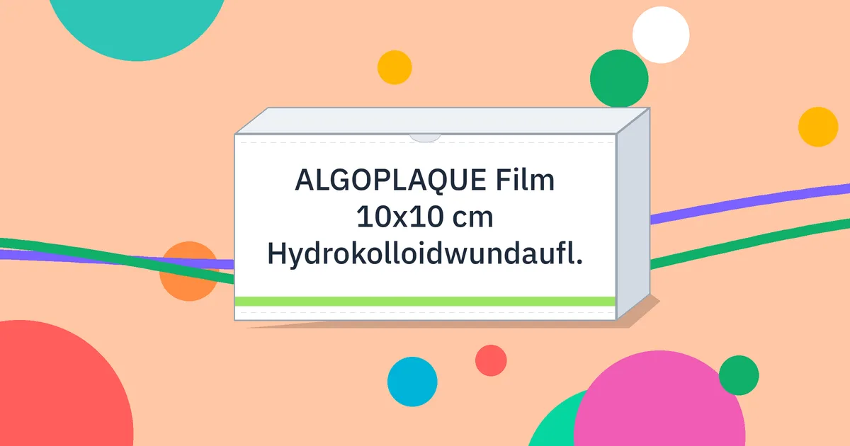 Symbolbild: Packung mit der Aufschrift ALGOPLAQUE Film 10x10 cm Hydrokolloidwundaufl. (PZN 16819647) – Verfügbarkeit und Bezug in Apotheken in Frankfurt am Main