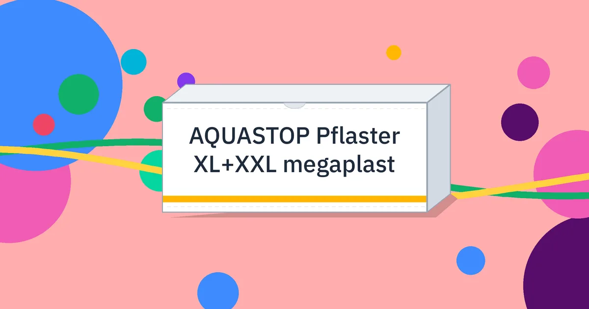 Symbolbild: Packung mit der Aufschrift AQUASTOP Pflaster XL+XXL megaplast (PZN 16500288) – Verfügbarkeit und Bezug in Apotheken in Frankfurt am Main