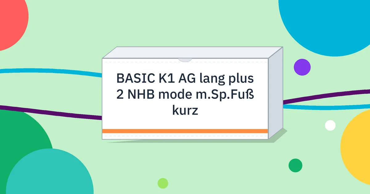 Symbolbild: Packung mit der Aufschrift BASIC K1 AG lang plus 2 NHB mode m.Sp.Fuß kurz (PZN 20260275) – Verfügbarkeit und Bezug in Apotheken in Frankfurt am Main