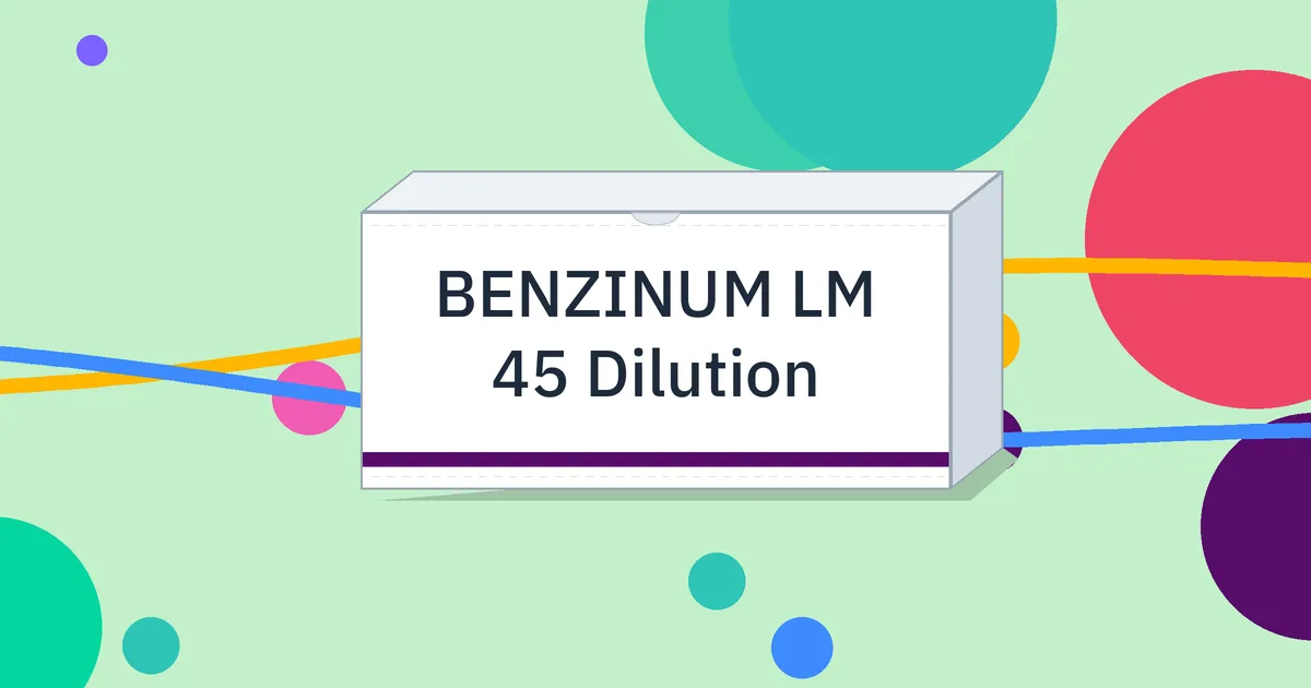 Symbolbild: Packung mit der Aufschrift BENZINUM LM 45 Dilution (PZN 12792265) – Verfügbarkeit und Bezug in Apotheken in Frankfurt am Main