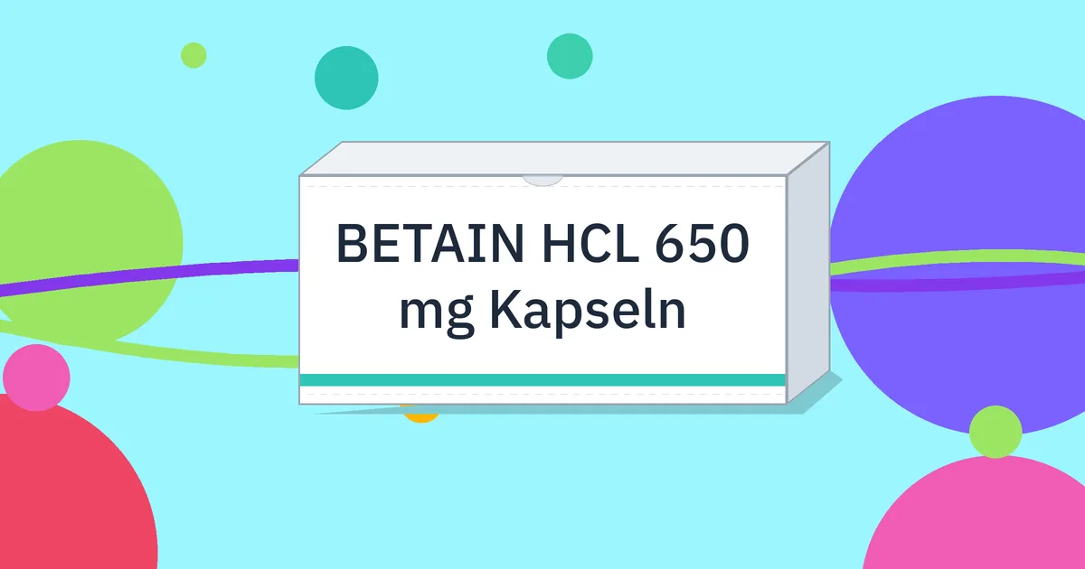 Symbolbild: Packung mit der Aufschrift BETAIN HCL 650 mg Kapseln (PZN 12343722) – Verfügbarkeit und Bezug in Apotheken in Frankfurt am Main