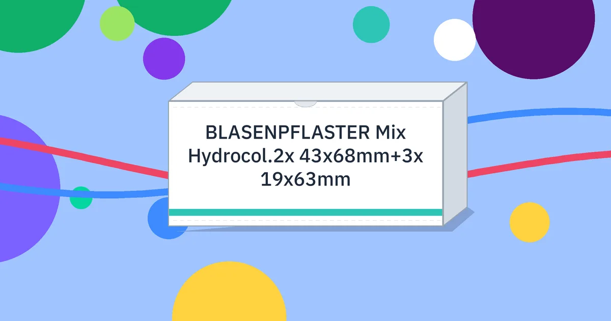 Symbolbild: Packung mit der Aufschrift BLASENPFLASTER Mix Hydrocol.2x 43x68mm+3x 19x63mm (PZN 16624263) – Verfügbarkeit und Bezug in Apotheken in Frankfurt am Main