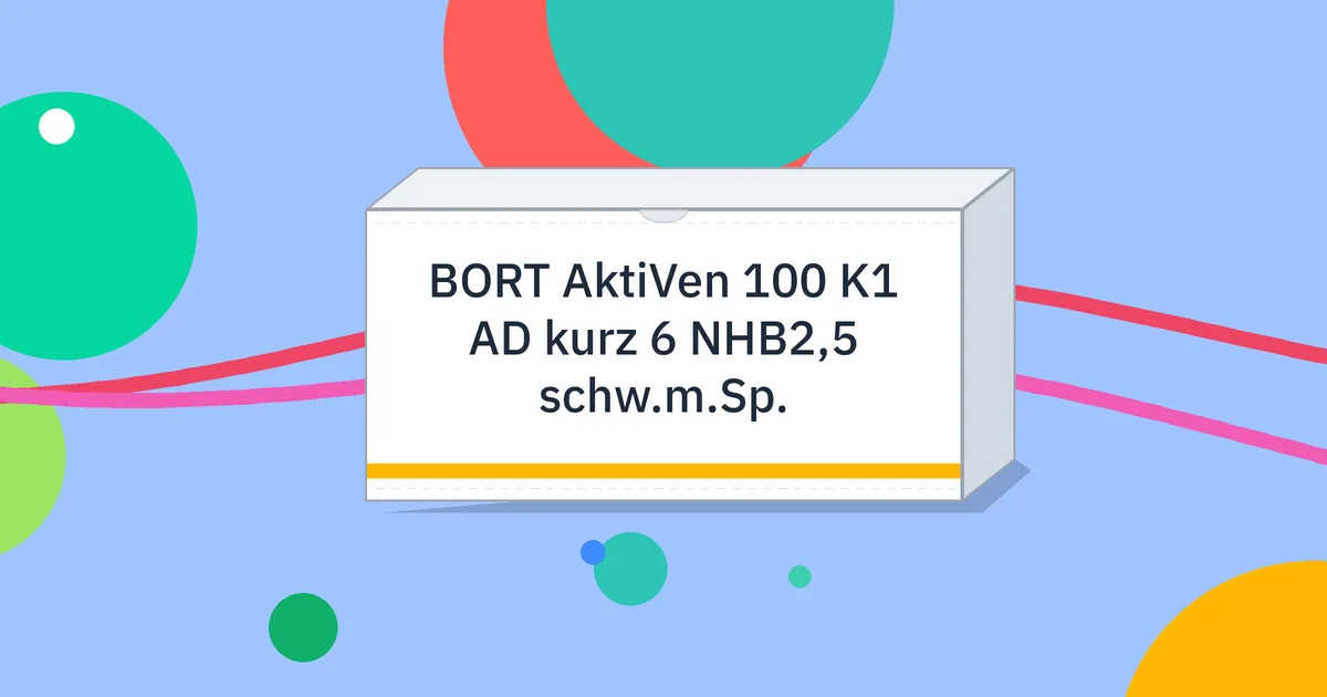 Symbolbild: Packung mit der Aufschrift BORT AktiVen 100 K1 AD kurz 6 NHB2,5 schw.m.Sp. (PZN 17502266) – Verfügbarkeit und Bezug in Apotheken in Frankfurt am Main