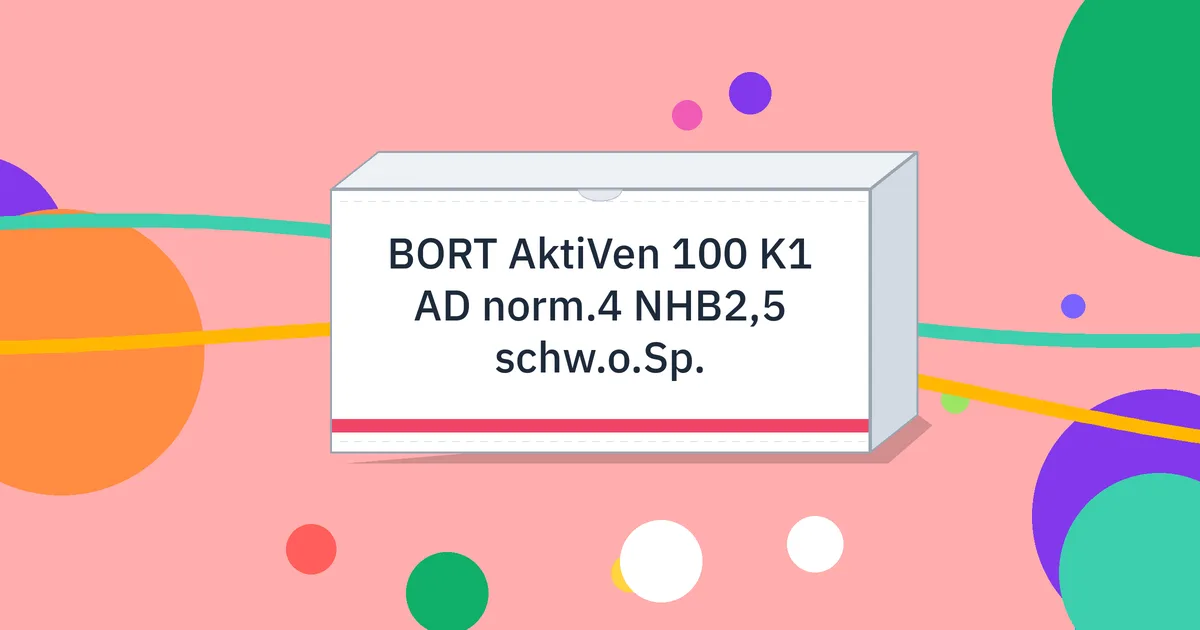 Symbolbild: Packung mit der Aufschrift BORT AktiVen 100 K1 AD norm.4 NHB2,5 schw.o.Sp. (PZN 17501976) – Verfügbarkeit und Bezug in Apotheken in Frankfurt am Main