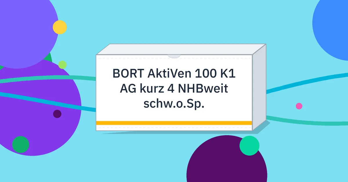 Symbolbild: Packung mit der Aufschrift BORT AktiVen 100 K1 AG kurz 4 NHBweit schw.o.Sp. (PZN 14387801) – Verfügbarkeit und Bezug in Apotheken in Frankfurt am Main