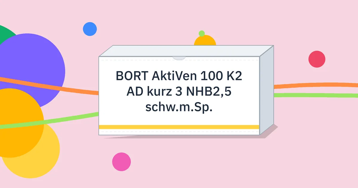Symbolbild: Packung mit der Aufschrift BORT AktiVen 100 K2 AD kurz 3 NHB2,5 schw.m.Sp. (PZN 17501887) – Verfügbarkeit und Bezug in Apotheken in Frankfurt am Main