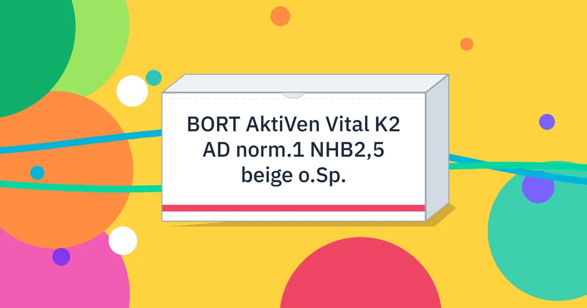 Symbolbild: Packung mit der Aufschrift BORT AktiVen Vital K2 AD norm.1 NHB2,5 beige o.Sp. (PZN 17498903) – Verfügbarkeit und Bezug in Apotheken in Frankfurt am Main