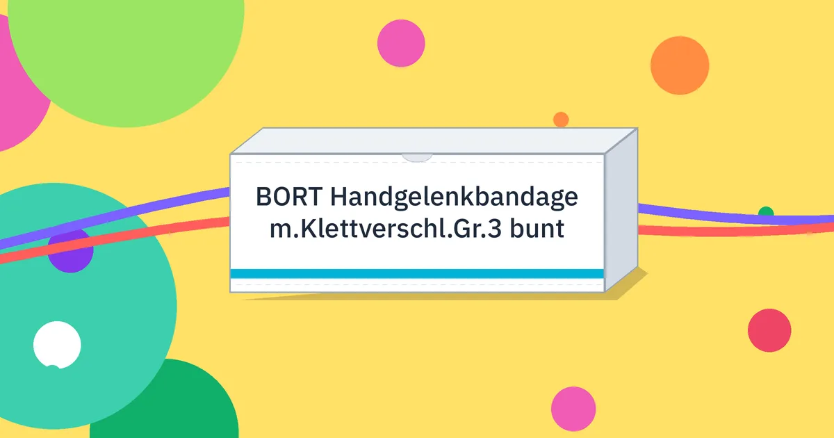Symbolbild: Packung mit der Aufschrift BORT Handgelenkbandage m.Klettverschl.Gr.3 bunt (PZN 04436869) – Verfügbarkeit und Bezug in Apotheken in Frankfurt am Main
