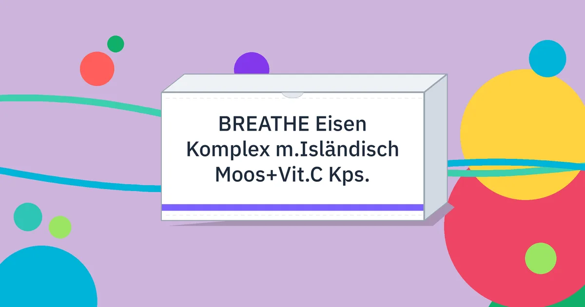 Symbolbild: Packung mit der Aufschrift BREATHE Eisen Komplex m.Isländisch Moos+Vit.C Kps. (PZN 18361974) – Verfügbarkeit und Bezug in Apotheken in Frankfurt am Main