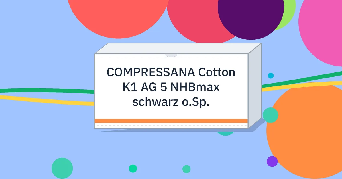 Symbolbild: Packung mit der Aufschrift COMPRESSANA Cotton K1 AG 5 NHBmax schwarz o.Sp. (PZN 11393480) – Verfügbarkeit und Bezug in Apotheken in Frankfurt am Main