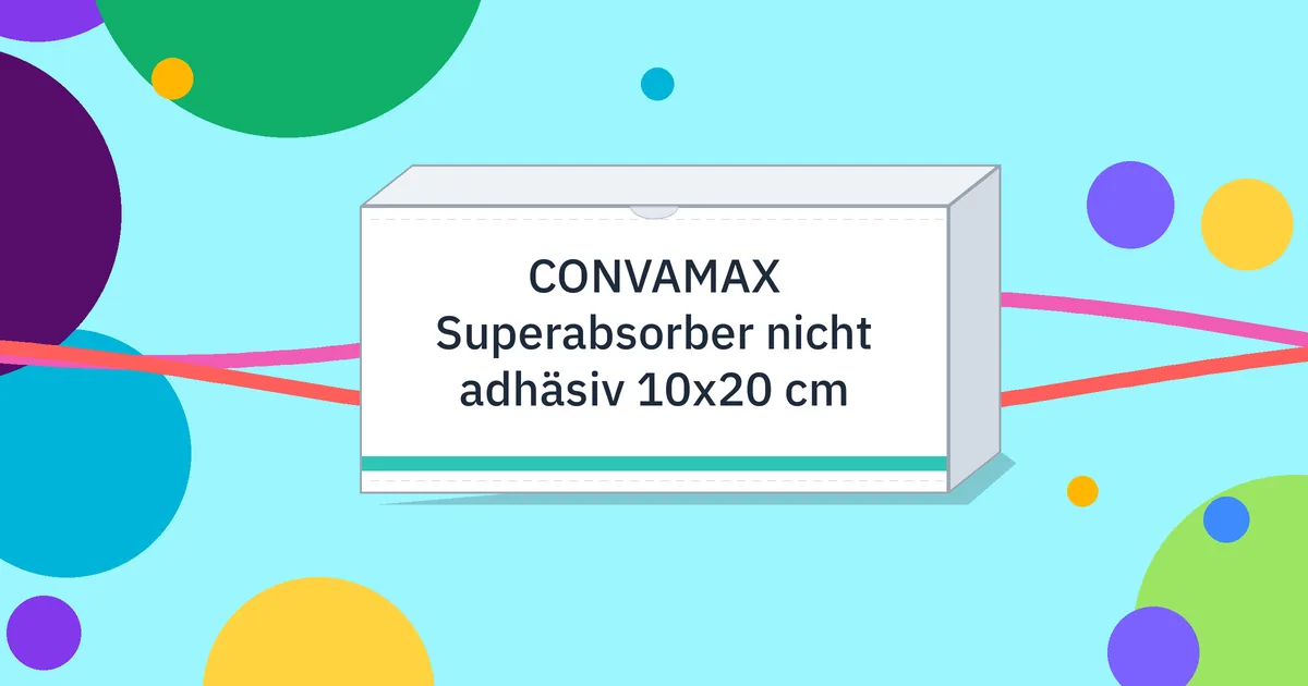 Symbolbild: Packung mit der Aufschrift CONVAMAX Superabsorber nicht adhäsiv 10x20 cm (PZN 19294116) – Verfügbarkeit und Bezug in Apotheken in Frankfurt am Main