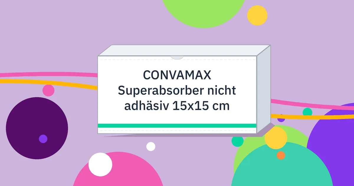 Symbolbild: Packung mit der Aufschrift CONVAMAX Superabsorber nicht adhäsiv 15x15 cm (PZN 20124767) – Verfügbarkeit und Bezug in Apotheken in Frankfurt am Main