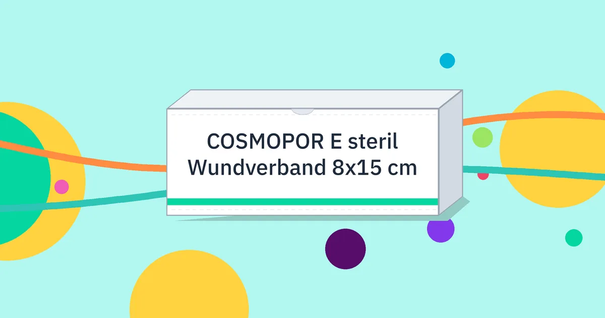 Symbolbild: Packung mit der Aufschrift COSMOPOR E steril Wundverband 8x15 cm (PZN 15863296) – Verfügbarkeit und Bezug in Apotheken in Frankfurt am Main
