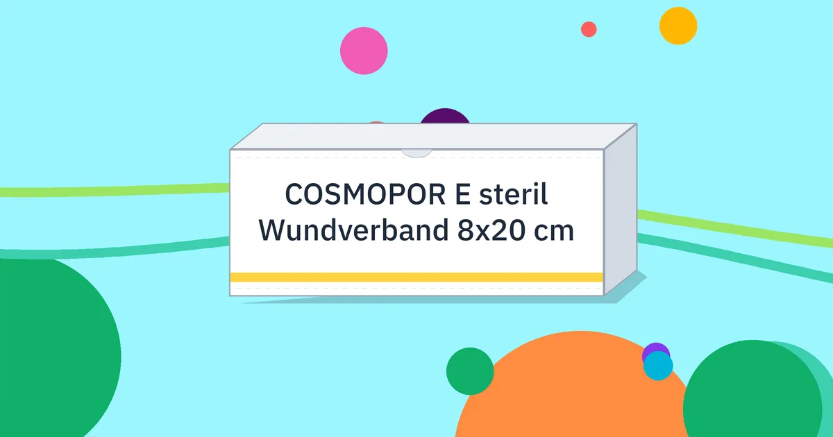 Symbolbild: Packung mit der Aufschrift COSMOPOR E steril Wundverband 8x20 cm (PZN 19143860) – Verfügbarkeit und Bezug in Apotheken in Frankfurt am Main