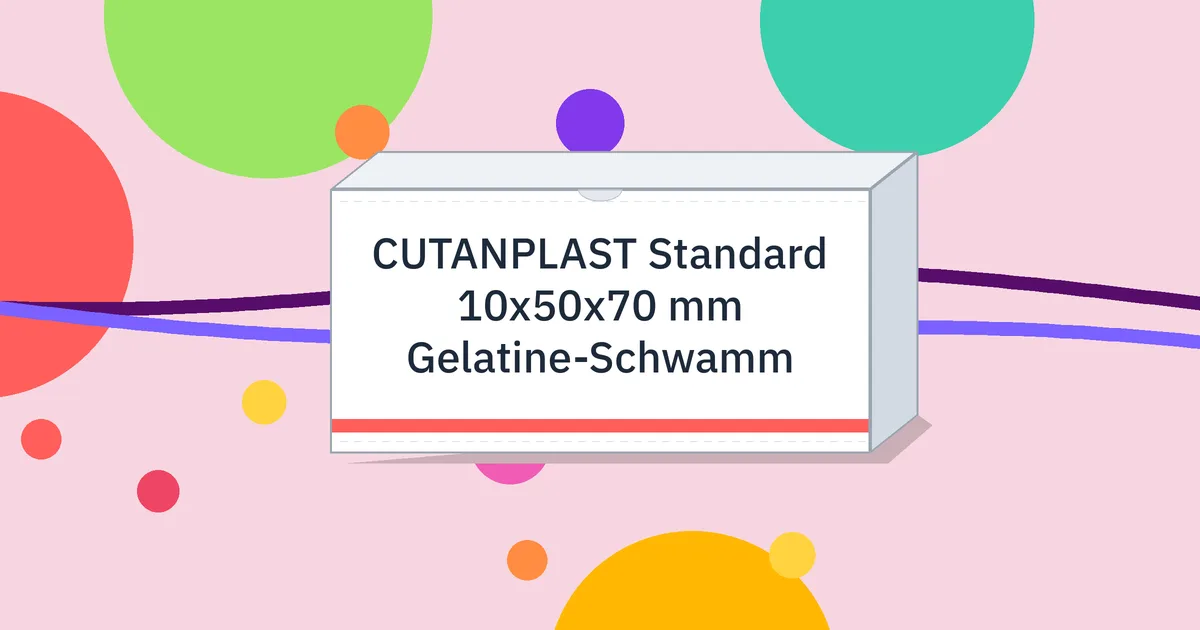 Symbolbild: Packung mit der Aufschrift CUTANPLAST Standard 10x50x70 mm Gelatine-Schwamm (PZN 12425265) – Verfügbarkeit und Bezug in Apotheken in Frankfurt am Main
