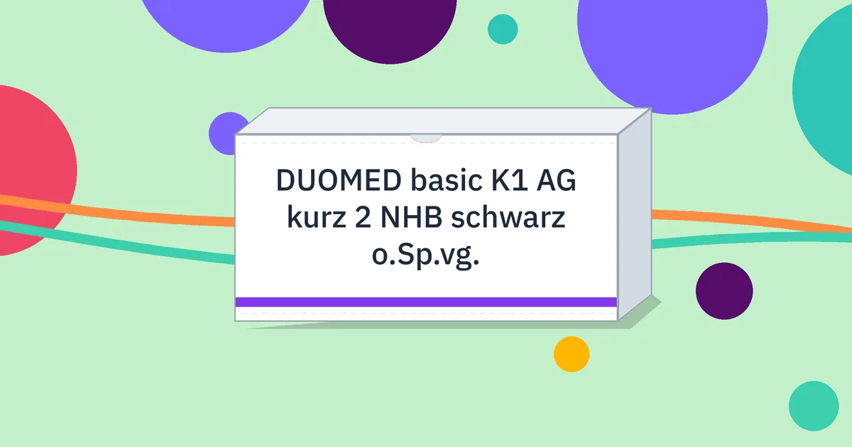 Symbolbild: Packung mit der Aufschrift DUOMED basic K1 AG kurz 2 NHB schwarz o.Sp.vg. (PZN 20904732) – Verfügbarkeit und Bezug in Apotheken in Frankfurt am Main
