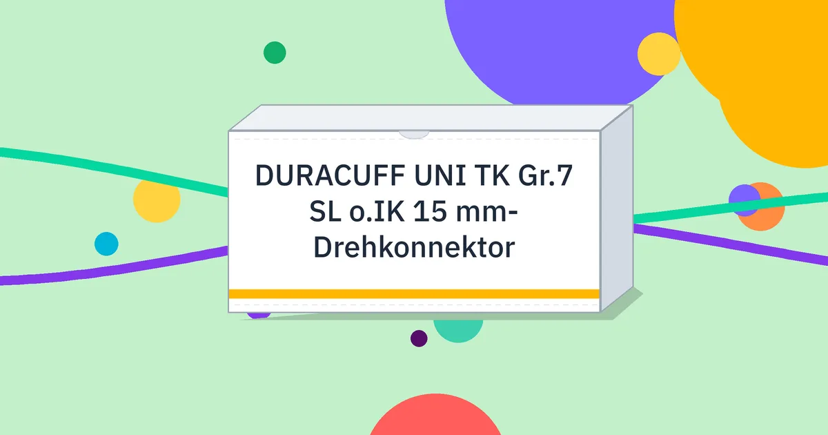 Symbolbild: Packung mit der Aufschrift DURACUFF UNI TK Gr.7 SL o.IK 15 mm-Drehkonnektor (PZN 04958349) – Verfügbarkeit und Bezug in Apotheken in Frankfurt am Main
