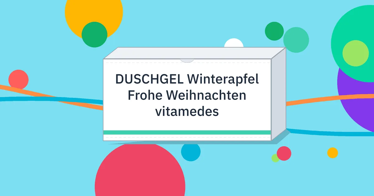 Symbolbild: Packung mit der Aufschrift DUSCHGEL Winterapfel Frohe Weihnachten vitamedes (PZN 20081147) – Verfügbarkeit und Bezug in Apotheken in Frankfurt am Main