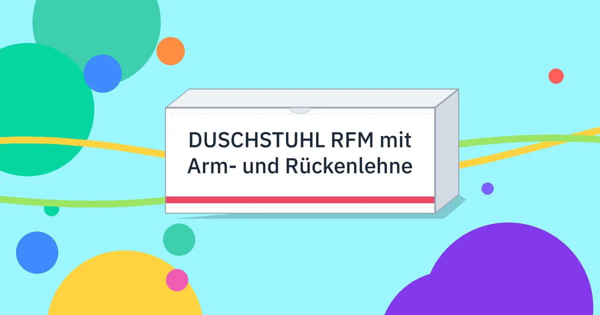 Symbolbild: Packung mit der Aufschrift DUSCHSTUHL RFM mit Arm- und Rückenlehne (PZN 11054737) – Verfügbarkeit und Bezug in Apotheken in Frankfurt am Main