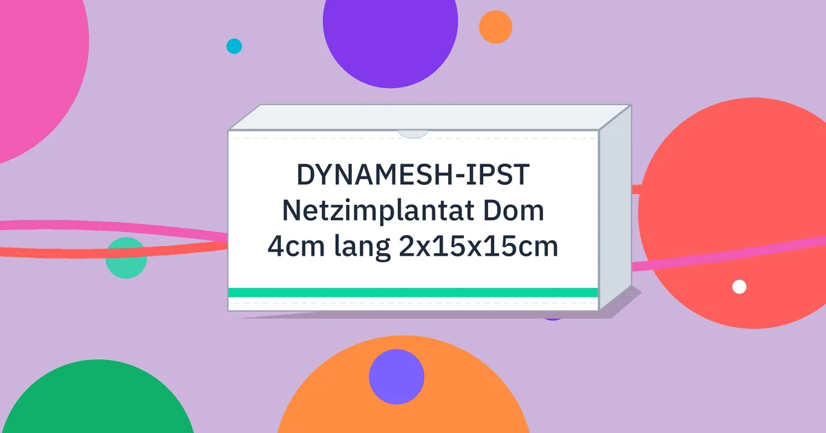 Symbolbild: Packung mit der Aufschrift DYNAMESH-IPST Netzimplantat Dom 4cm lang 2x15x15cm (PZN 19389319) – Verfügbarkeit und Bezug in Apotheken in Frankfurt am Main