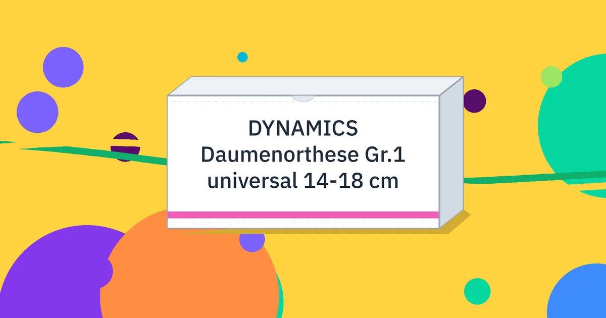 Symbolbild: Packung mit der Aufschrift DYNAMICS Daumenorthese Gr.1 universal 14-18 cm (PZN 14385535) – Verfügbarkeit und Bezug in Apotheken in Frankfurt am Main
