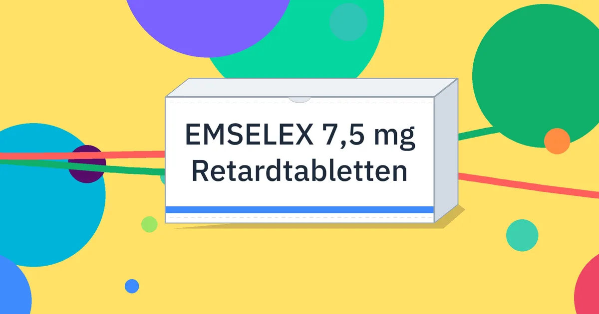 Symbolbild: Packung mit der Aufschrift EMSELEX 7,5 mg Retardtabletten (PZN 01754913) – Verfügbarkeit und Bezug in Apotheken in Frankfurt am Main