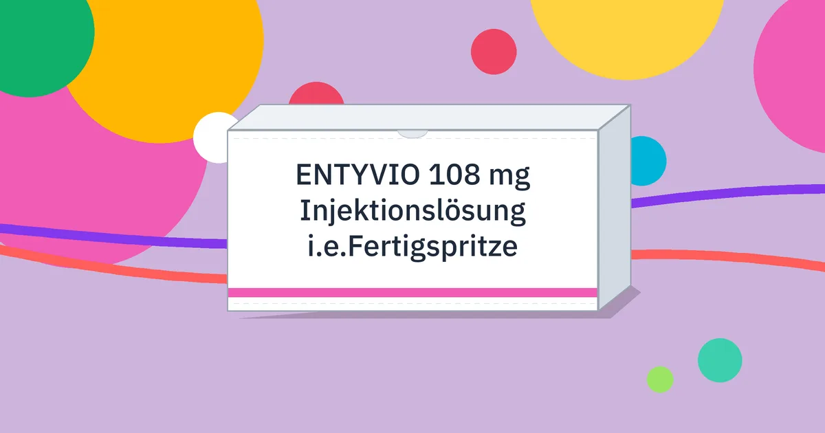 Symbolbild: Packung mit der Aufschrift ENTYVIO 108 mg Injektionslösung i.e.Fertigspritze (PZN 19797053) – Verfügbarkeit und Bezug in Apotheken in Frankfurt am Main