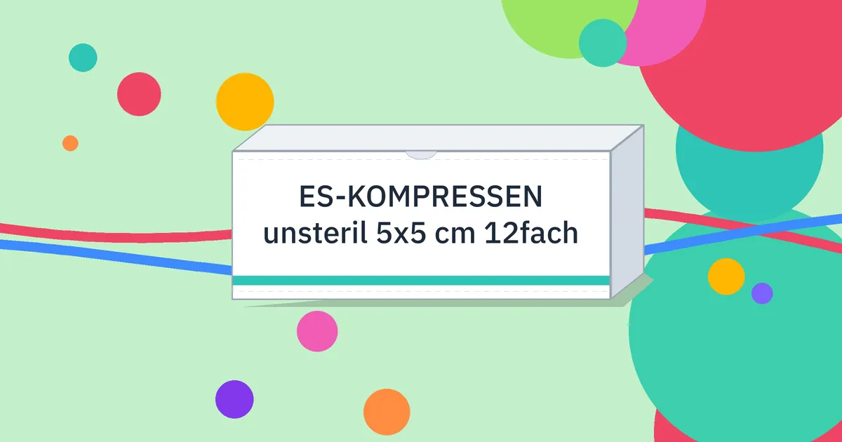 Symbolbild: Packung mit der Aufschrift ES-KOMPRESSEN unsteril 5x5 cm 12fach (PZN 18715573) – Verfügbarkeit und Bezug in Apotheken in Frankfurt am Main