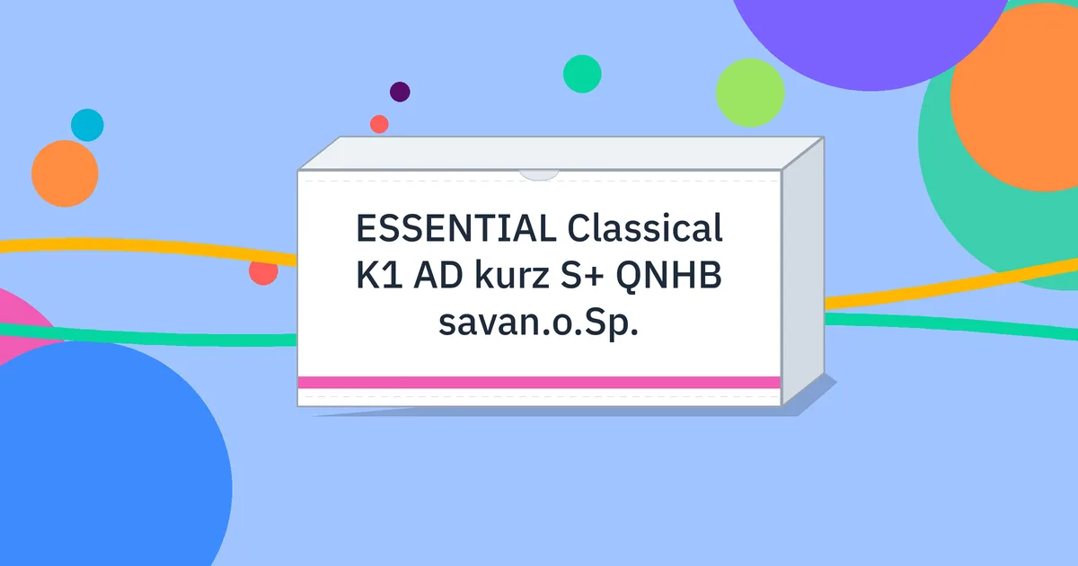 Symbolbild: Packung mit der Aufschrift ESSENTIAL Classical K1 AD kurz S+ QNHB savan.o.Sp. (PZN 18866585) – Verfügbarkeit und Bezug in Apotheken in Frankfurt am Main