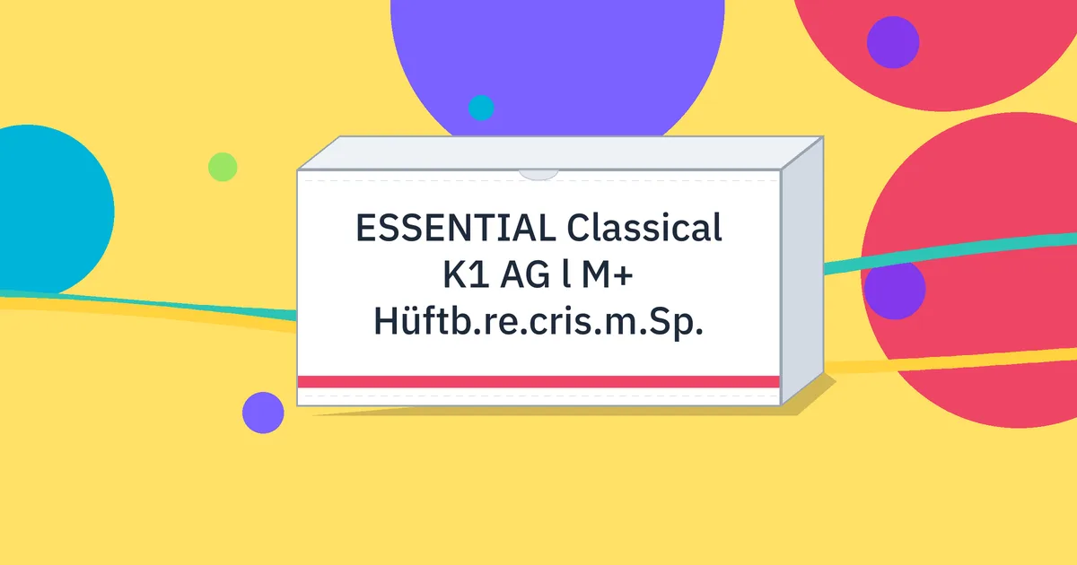 Symbolbild: Packung mit der Aufschrift ESSENTIAL Classical K1 AG l M+ Hüftb.re.cris.m.Sp. (PZN 17012496) – Verfügbarkeit und Bezug in Apotheken in Frankfurt am Main