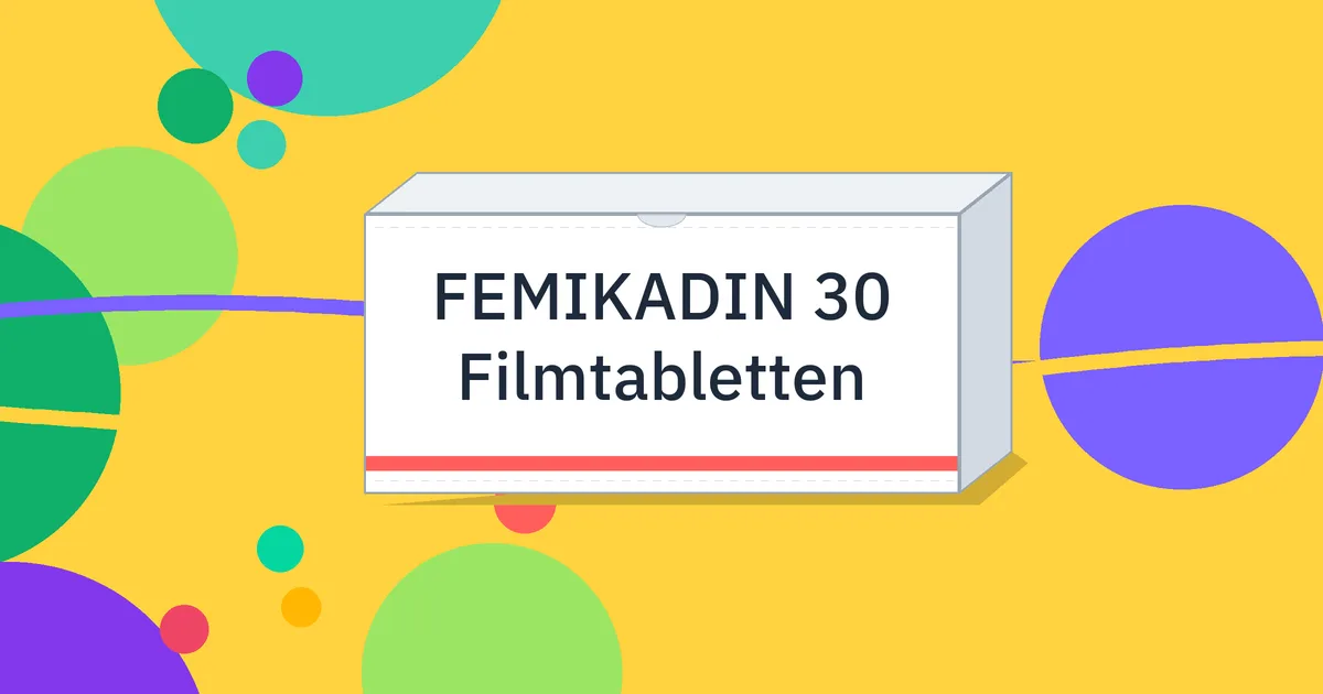 Symbolbild: Packung mit der Aufschrift FEMIKADIN 30 Filmtabletten (PZN 09522094) – Verfügbarkeit und Bezug in Apotheken in Frankfurt am Main